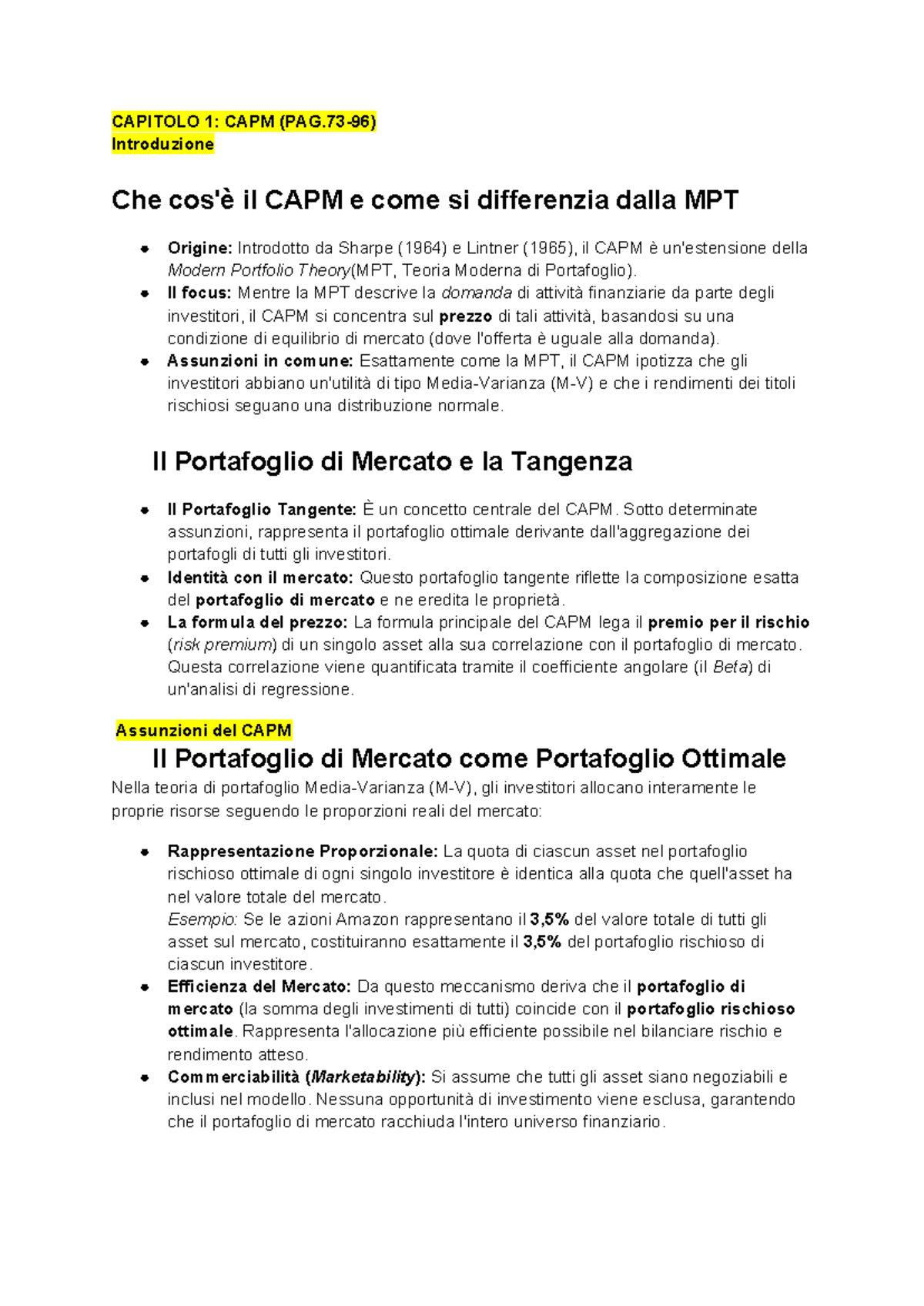 CAPITOLO 1: Introduzione al CAPM e Differenze con la MPT - Studocu