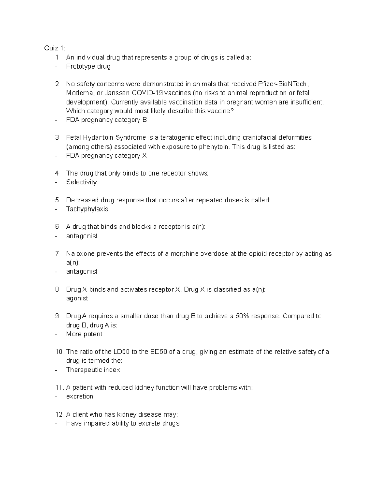 Pharmacology Quiz Notes: Key Concepts and Drug Classifications - Studocu