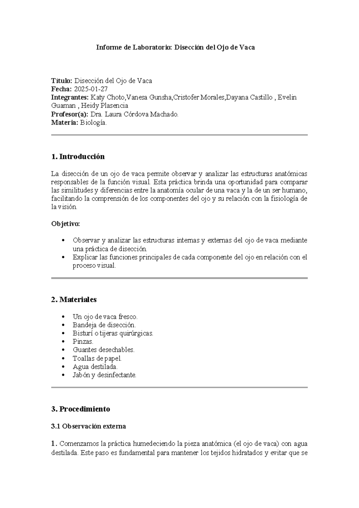 Hoja De Trabajo Con Respuestas Sobre La Disección Del Ojo De Una Vaca