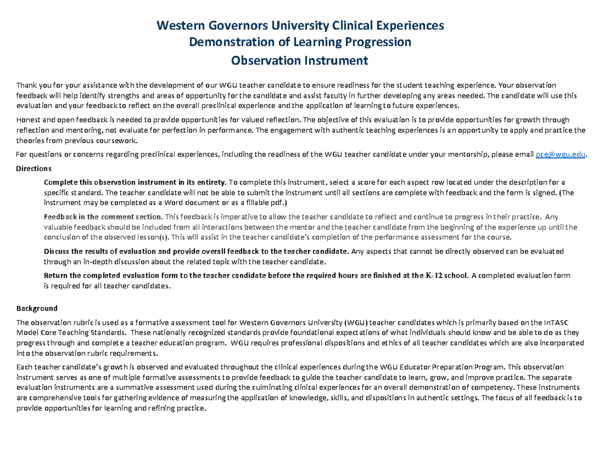 **WGU Clinical Experiences: Learning Progression Observation Instrument ...