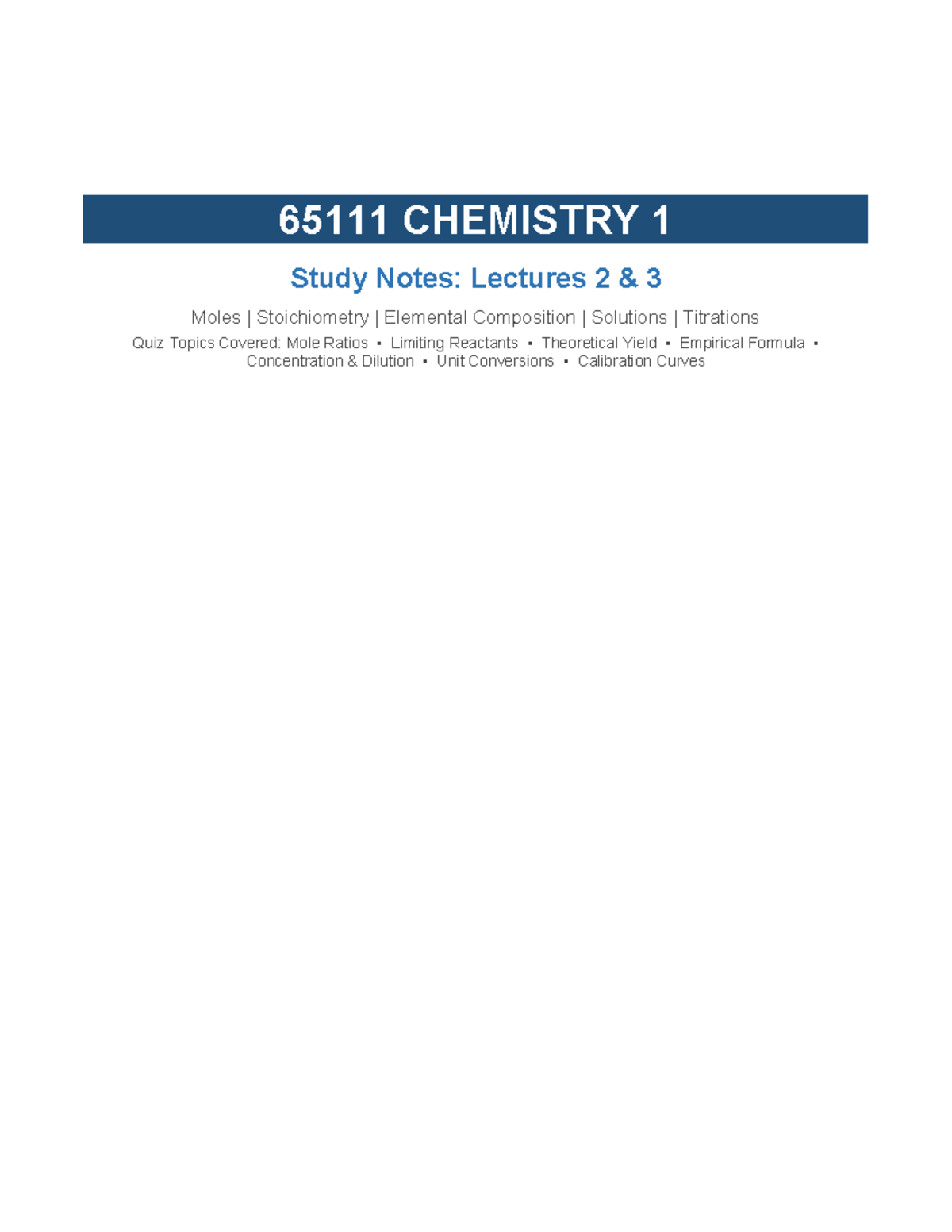 CHEMISTRY 1: Lectures 2 & 3 Study Notes on Moles & Stoichiometry - Studocu
