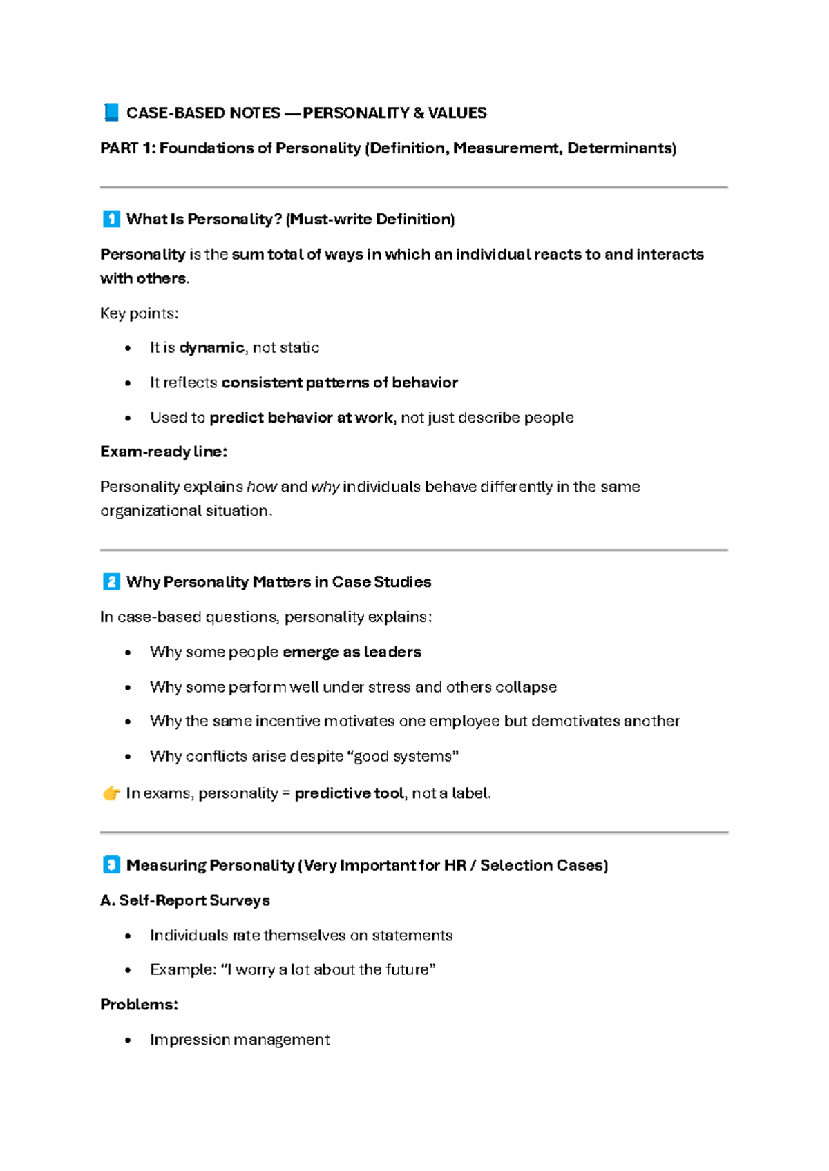 NOTES PERSONALITY VALUES PART 1 & 2: Foundations & The Big Five Model ...