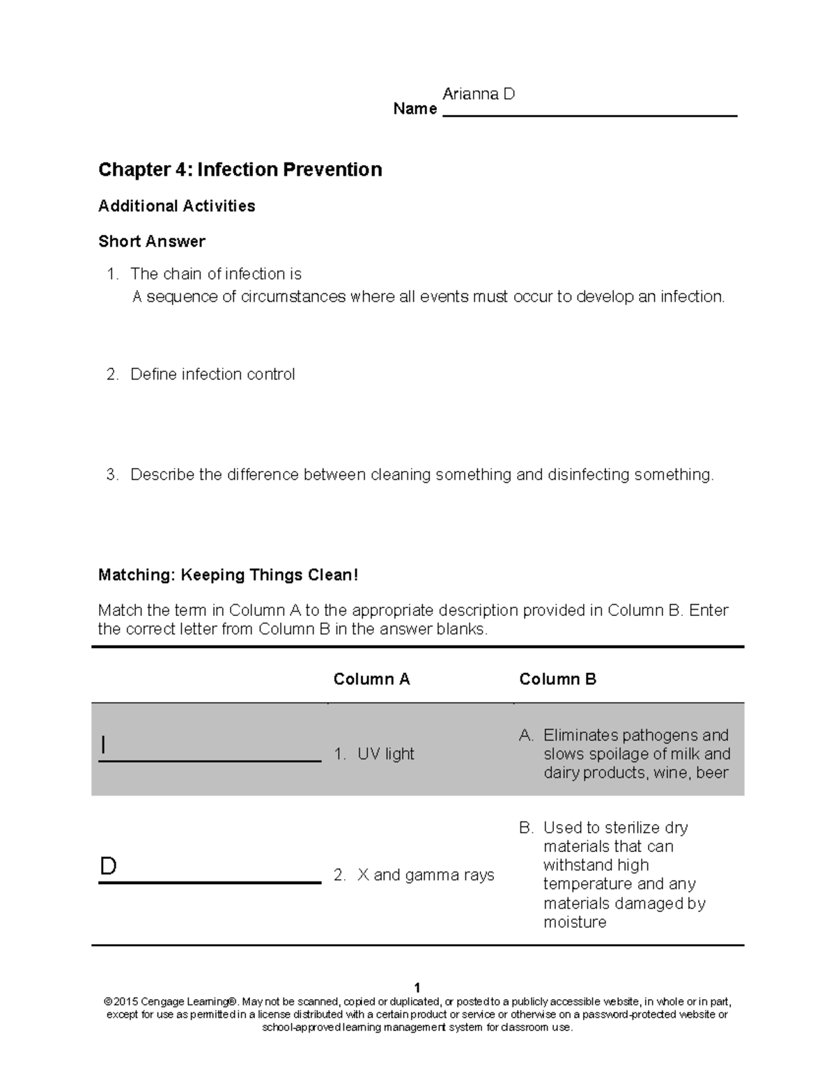 #4- Infection Prevention Worksheet - 1 © 2015 Cengage Learning®. May ...