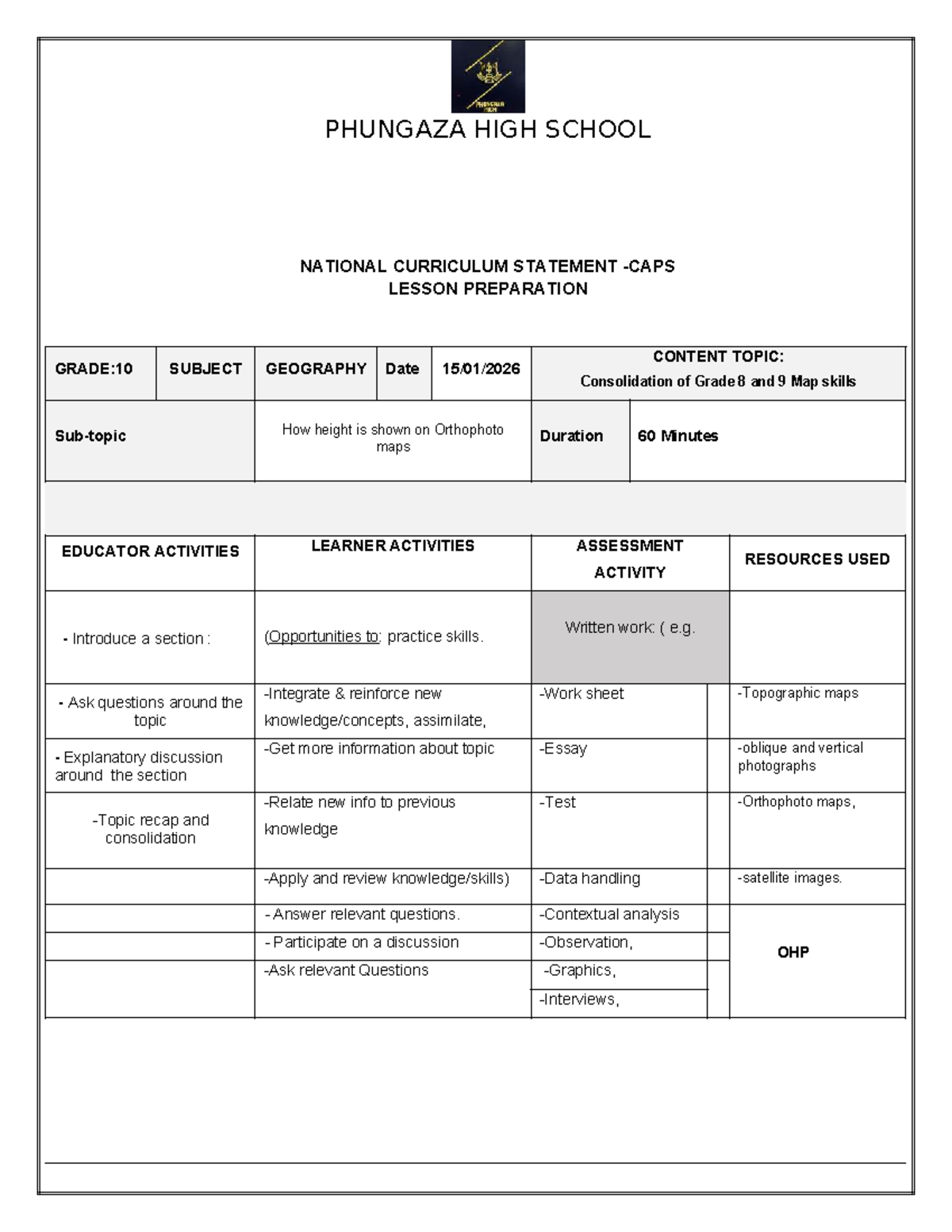 PHUNGAZA HIGH SCHOOL GEOGRAPHY LESSON PREP: GRADE 10 ORTHOPHOTO MAPS ...
