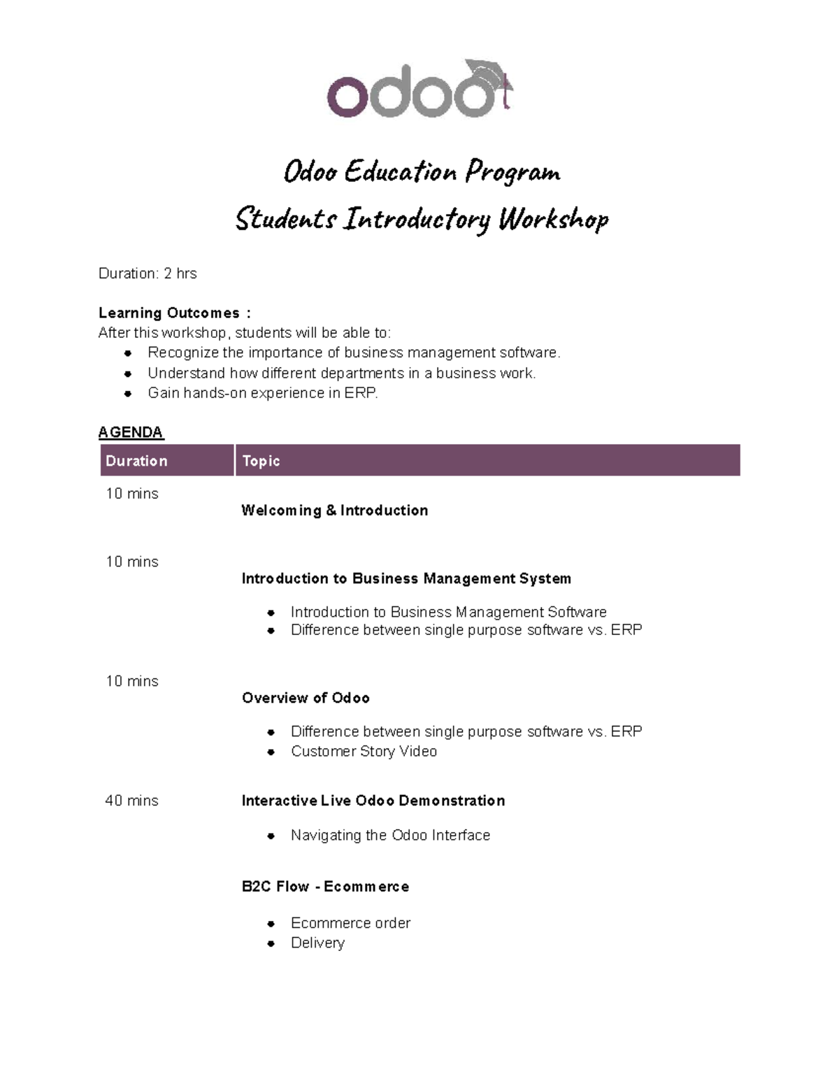 Odoo Education Program: Introductory Workshop Agenda (2 hrs) - Studocu