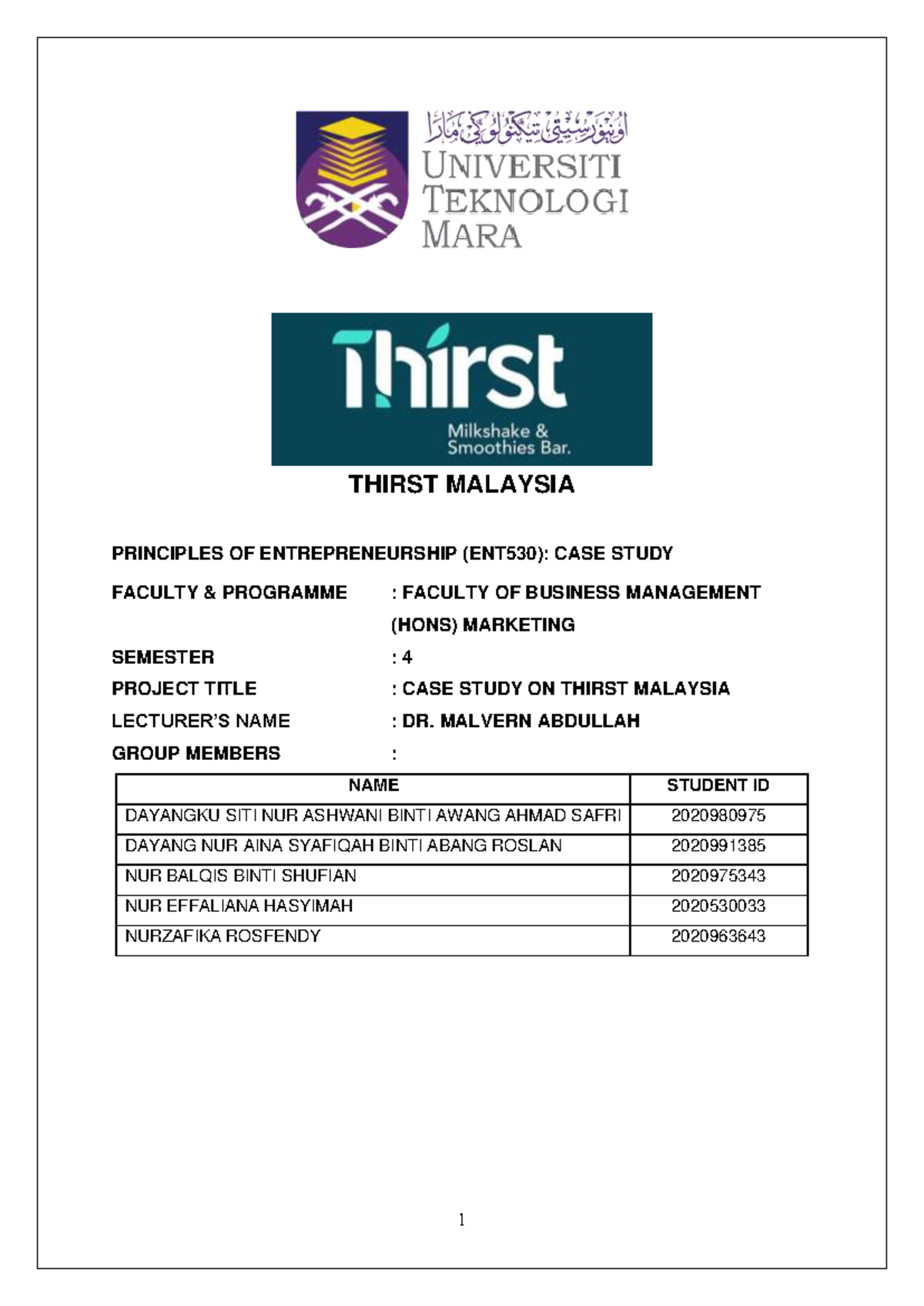 ENT530 Case Study: Analyzing Thirst Malaysia's Business Model ...