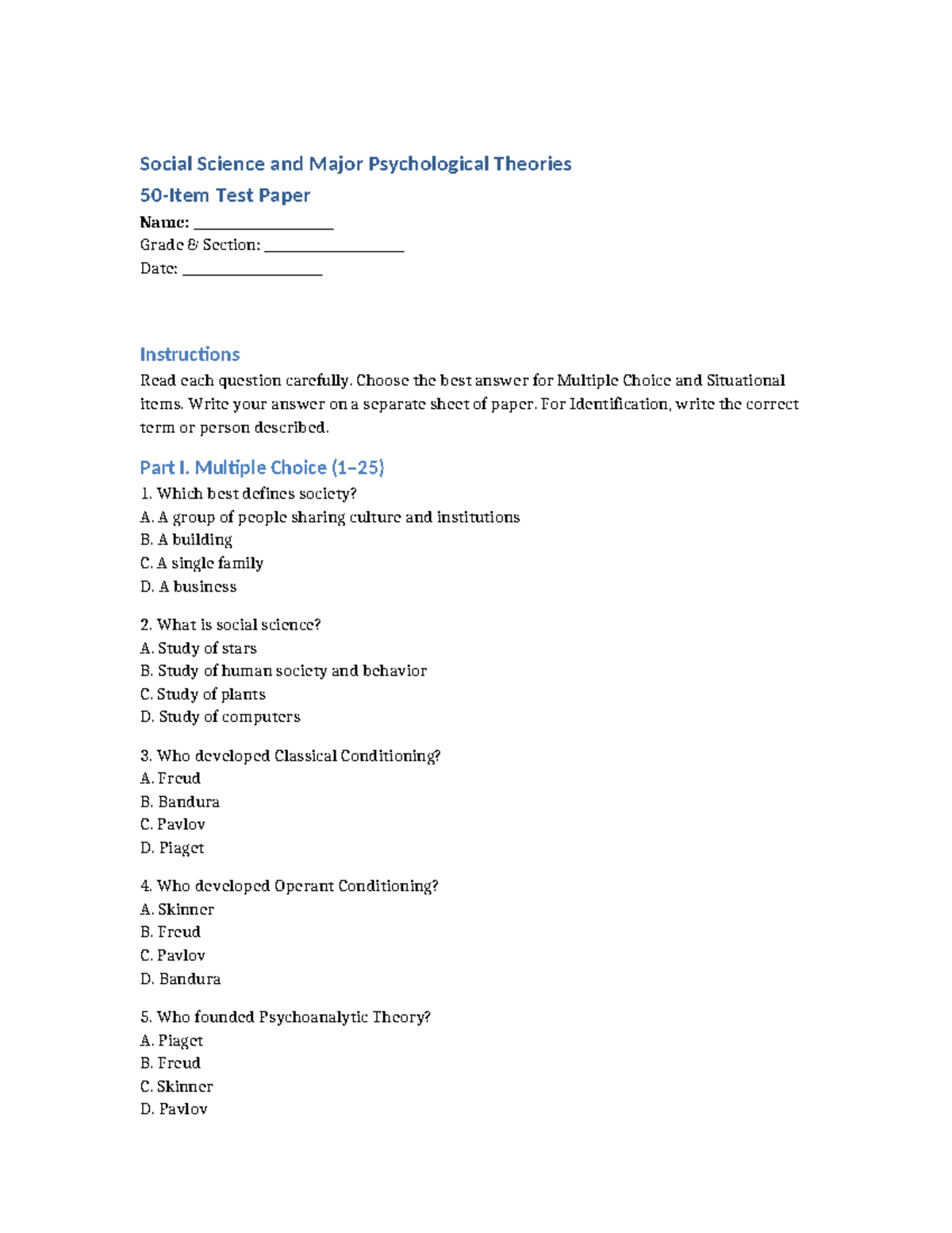Social Science 50-Item Test Paper on Major Psychological Theories - Studocu