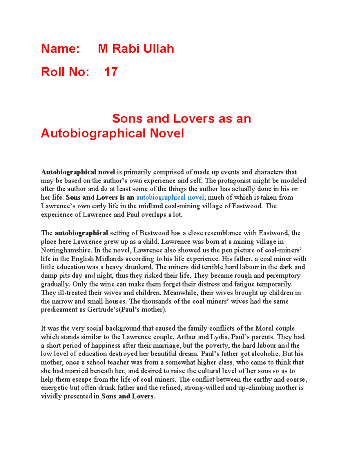 Sons and Lovers (ENG 101): An Analysis of Autobiographical Elements ...