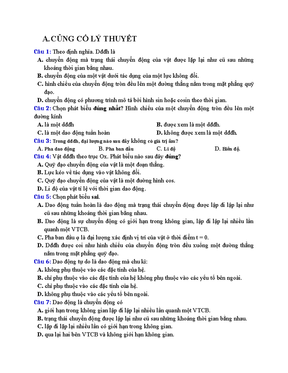 Trắc Nghiệm Dạng 1: Dao Động Điều Hòa (DĐĐH) - Chương I - Studocu