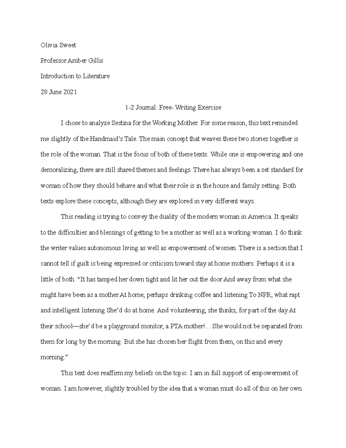 1-2 Journal Sestina - Olivia Sweet Professor Amber Gillis Introduction ...