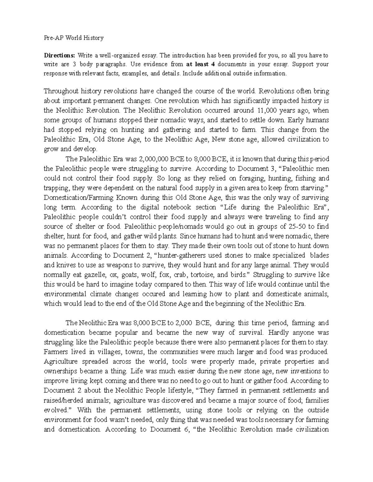 Pre-AP WH: Neolithic Revolution DBQ Essay Analysis and Insights - Studocu