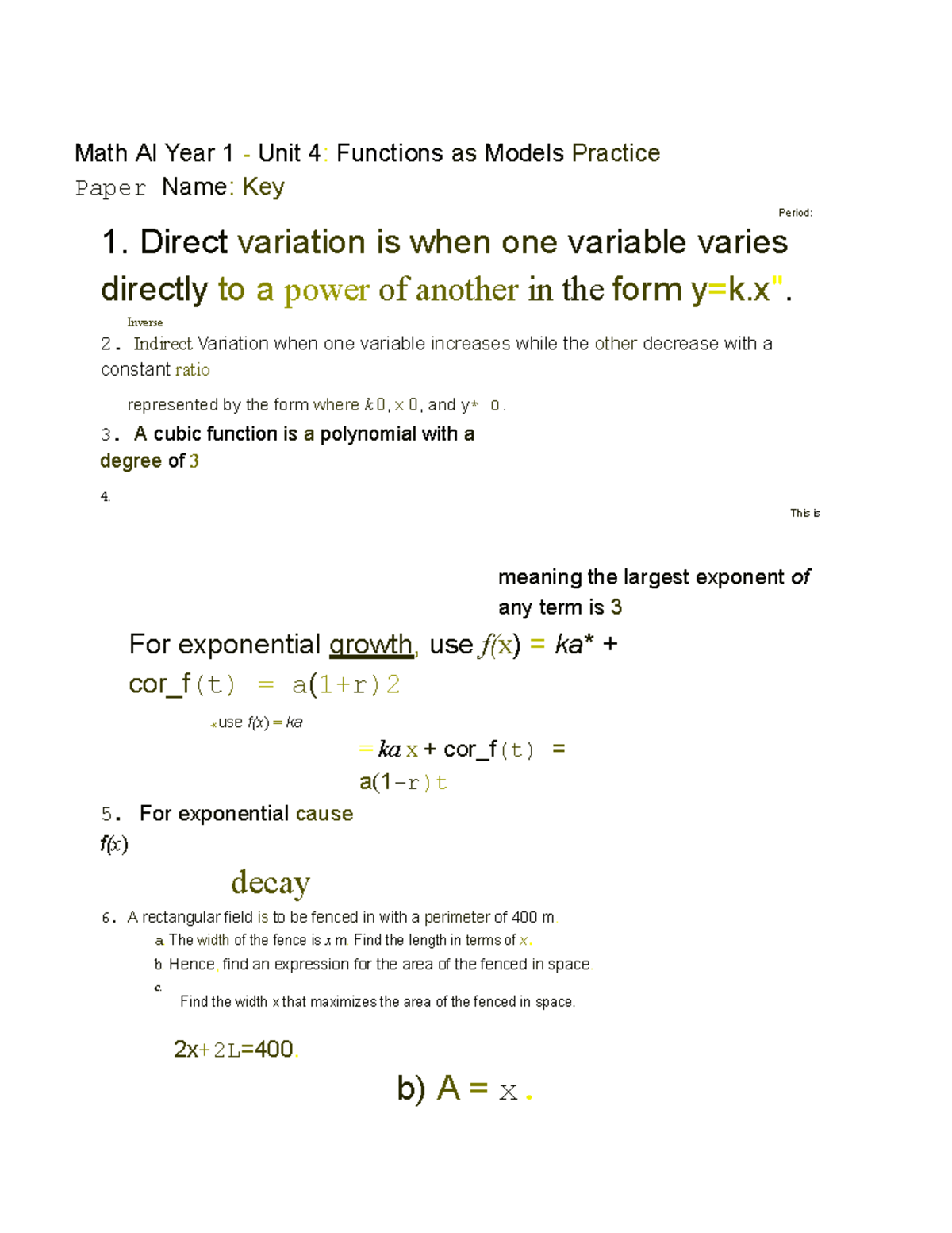 Math Al Year 1 Unit 4: Functions as Models Practice Test Key - Studocu