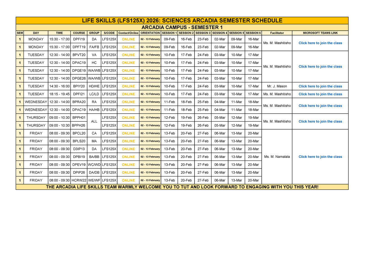 Life Skills (LFS125X) 2026: Class Schedule for All Campuses - Studocu