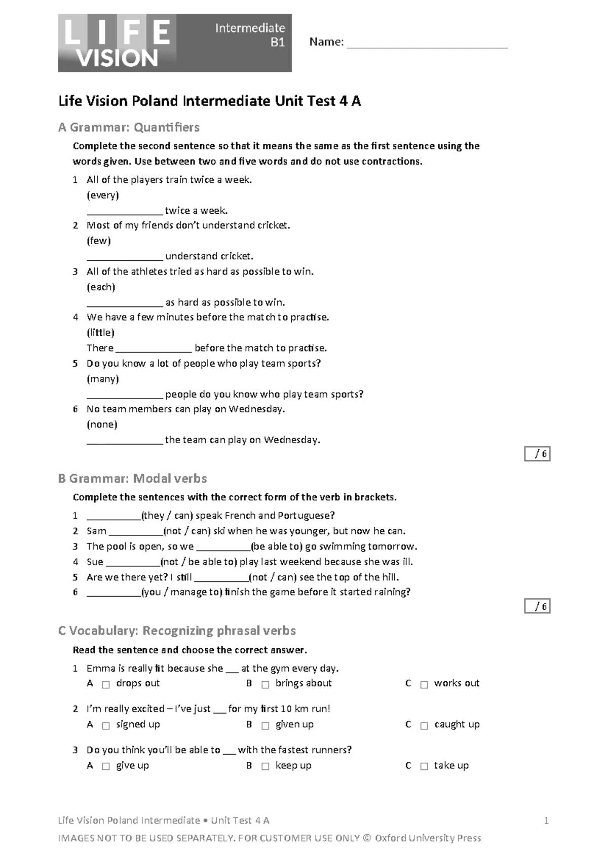 Life Vision Poland Intermediate • Unit Test 4B: Grammar & Vocabulary ...