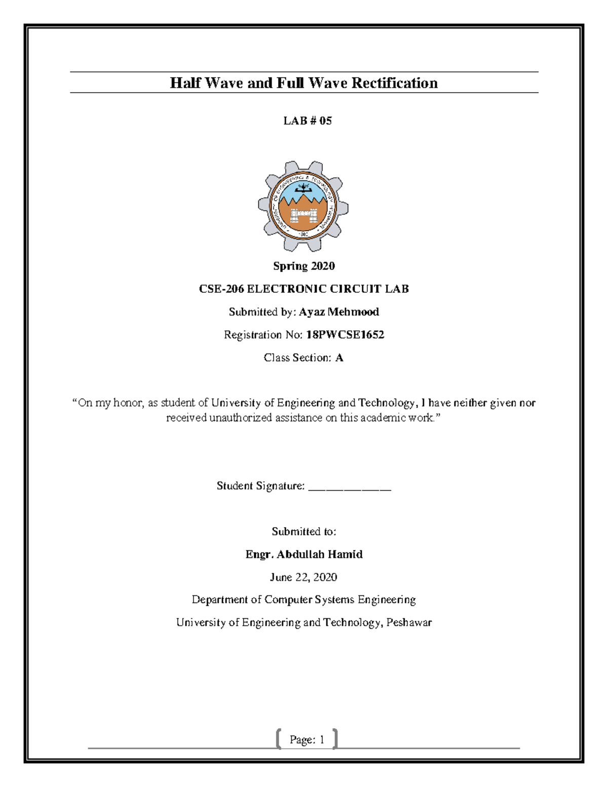 Lab5 - Lab report - Half Wave and Full Wave Rectification LAB # 05 Spring 2020 CSE-206 ...