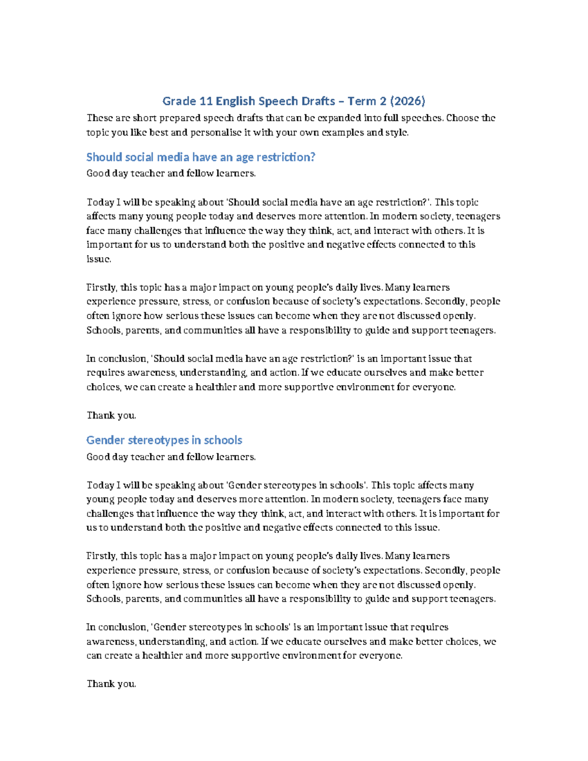 Grade 11 English Speech Drafts: Key Topics for 2026 - Studocu
