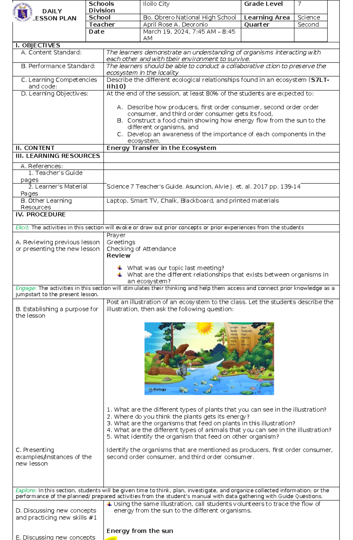 Science 7 Lesson Plan: Energy Transfer in Ecosystems COT 1st - Studocu