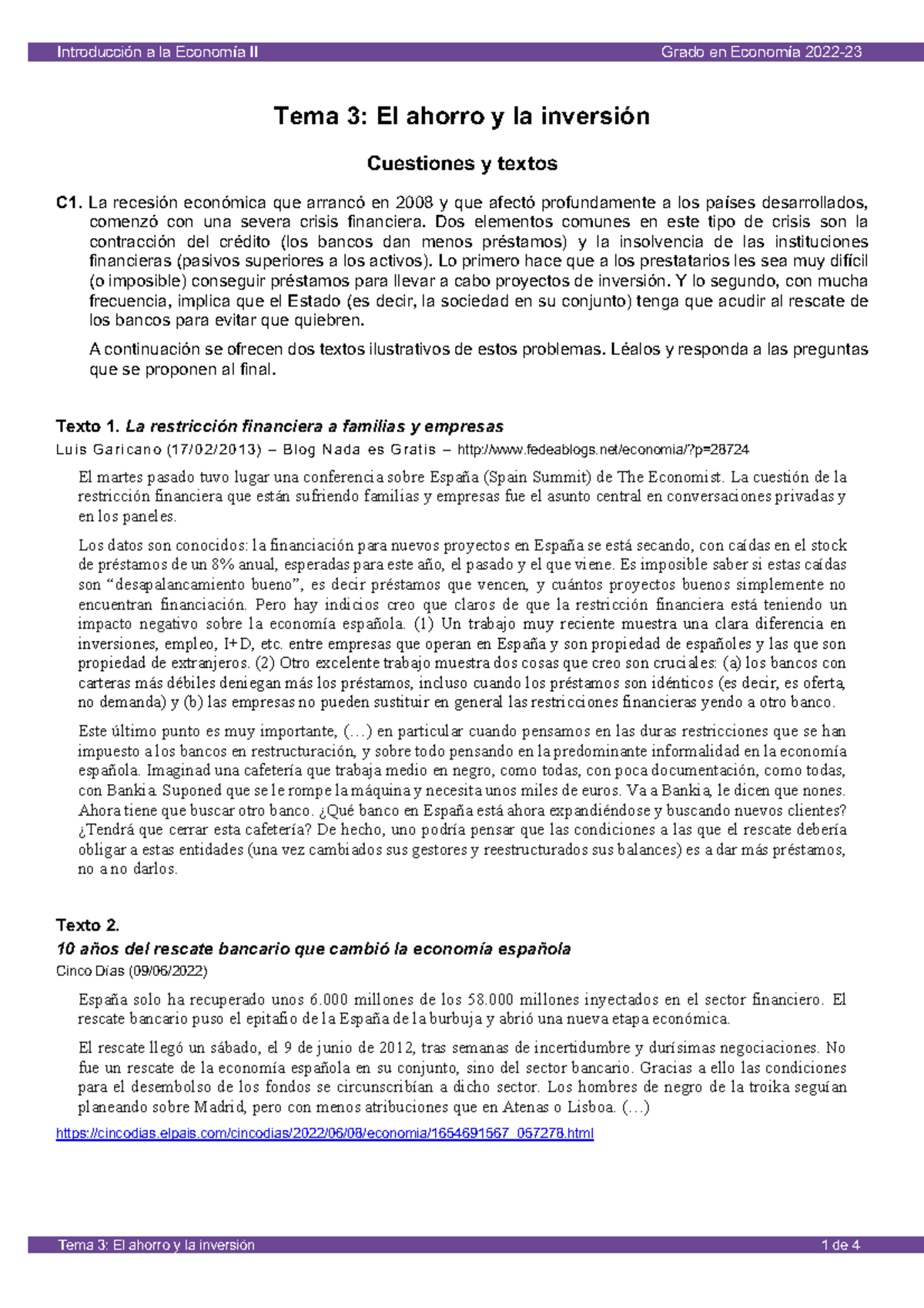 TEMA 3 prácticas - Prácticas tema 3 - Tema 3: El ahorro y la inversión Cuestiones y textos C1 ...