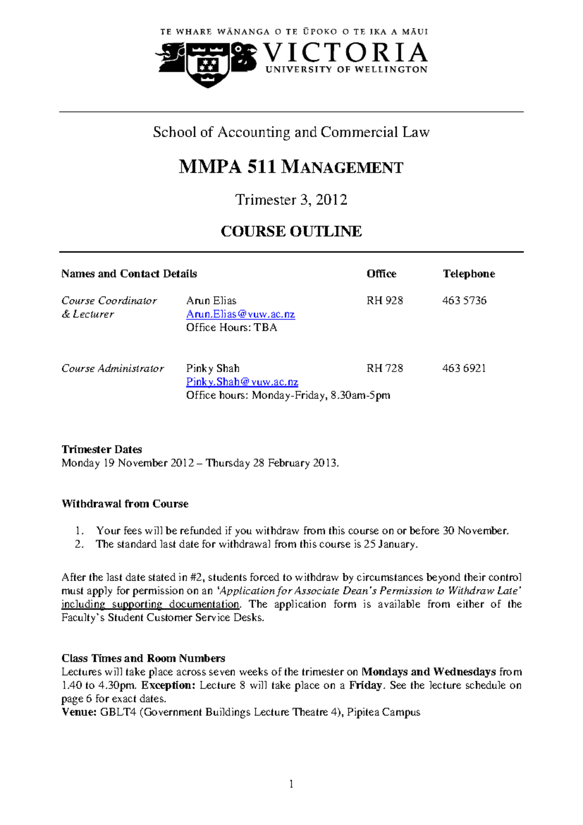 MMPA 511 Management Course Outline - Trimester 3, 2012 - Studocu