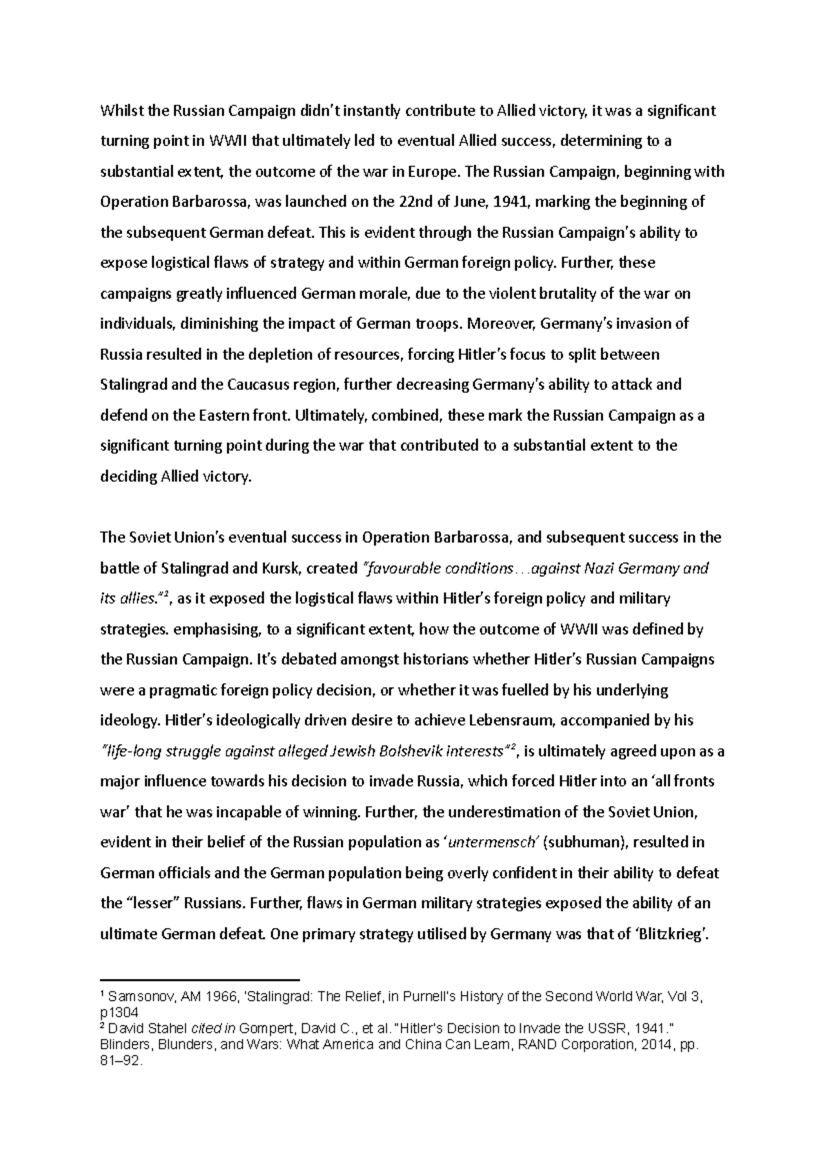 Modern History - Task 3 - Essay on the Russian Campaigns in WWII - Studocu