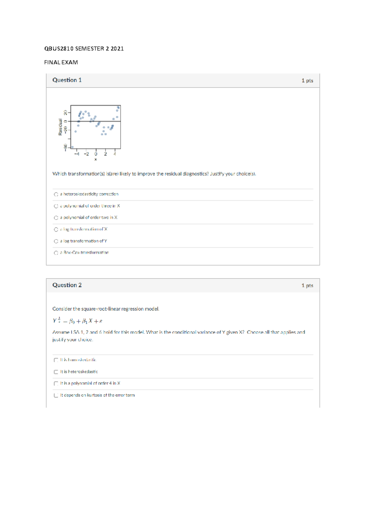 QBUS2810 S2 2021 Final Exam Overview and Key Details - Studocu