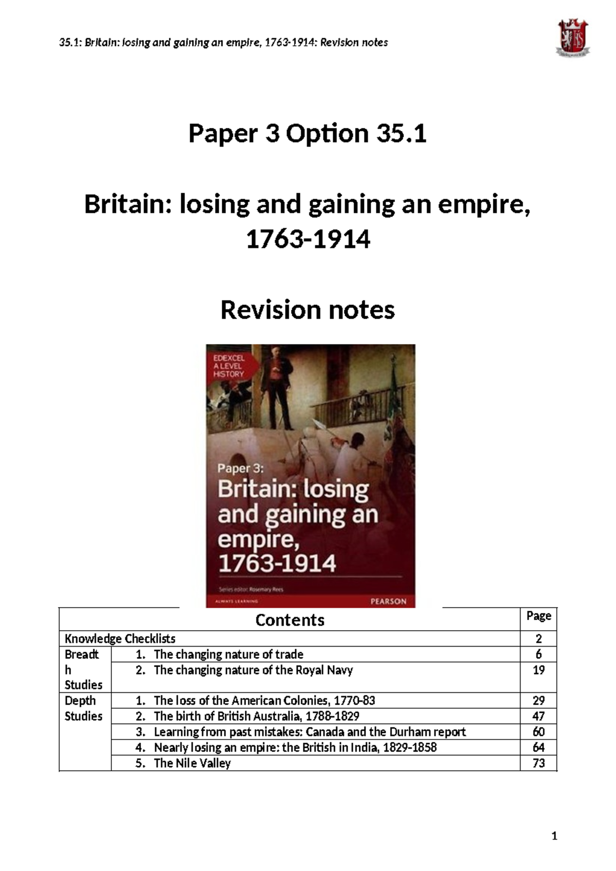 Revision Notes for Paper 3 - The British Empire (1763-1837) - Studocu