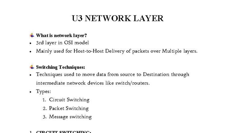 CN U3 NETWORK LAYER Notes: Switching Techniques & IP Addressing - Studocu