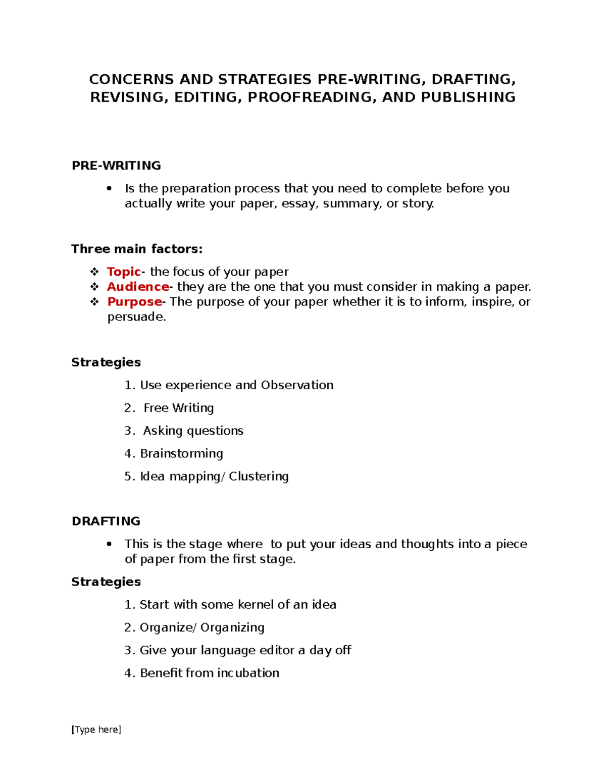 Concerns AND Strategies PRE- Writing, Drafting, Revising, Editing ...