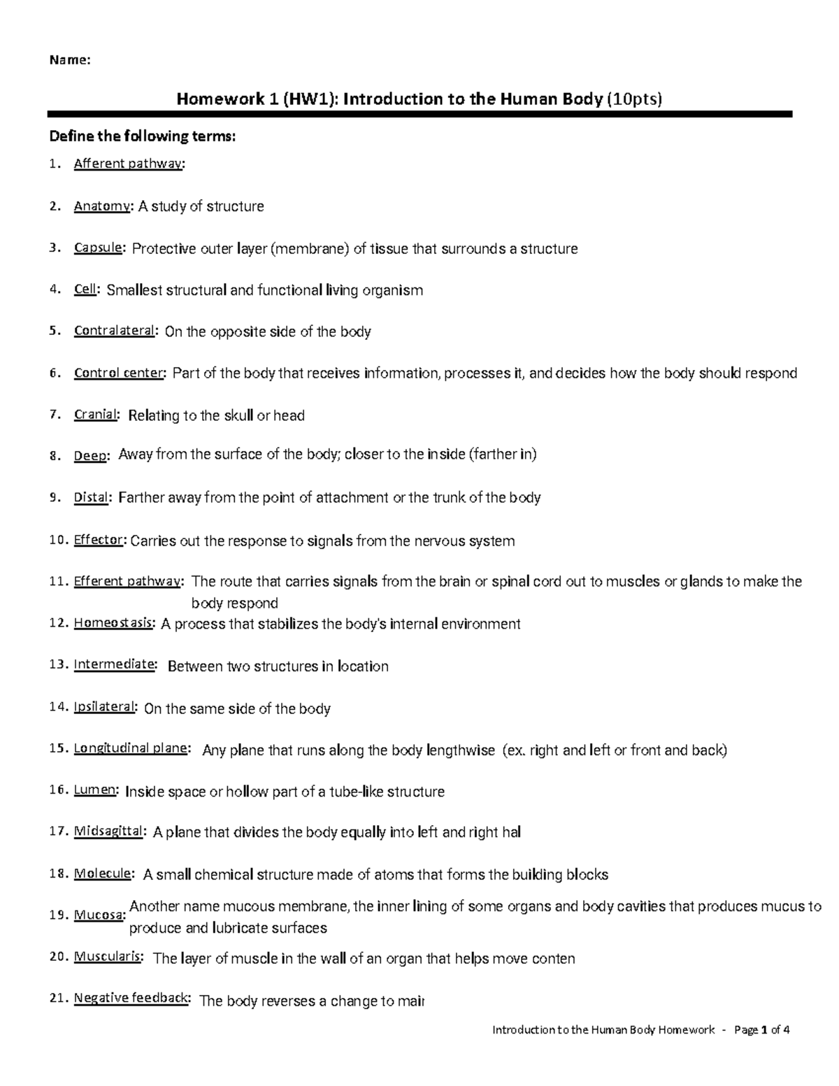 Introduction to the Human Body Homework (HW1): Key Terms & Concepts - Studocu