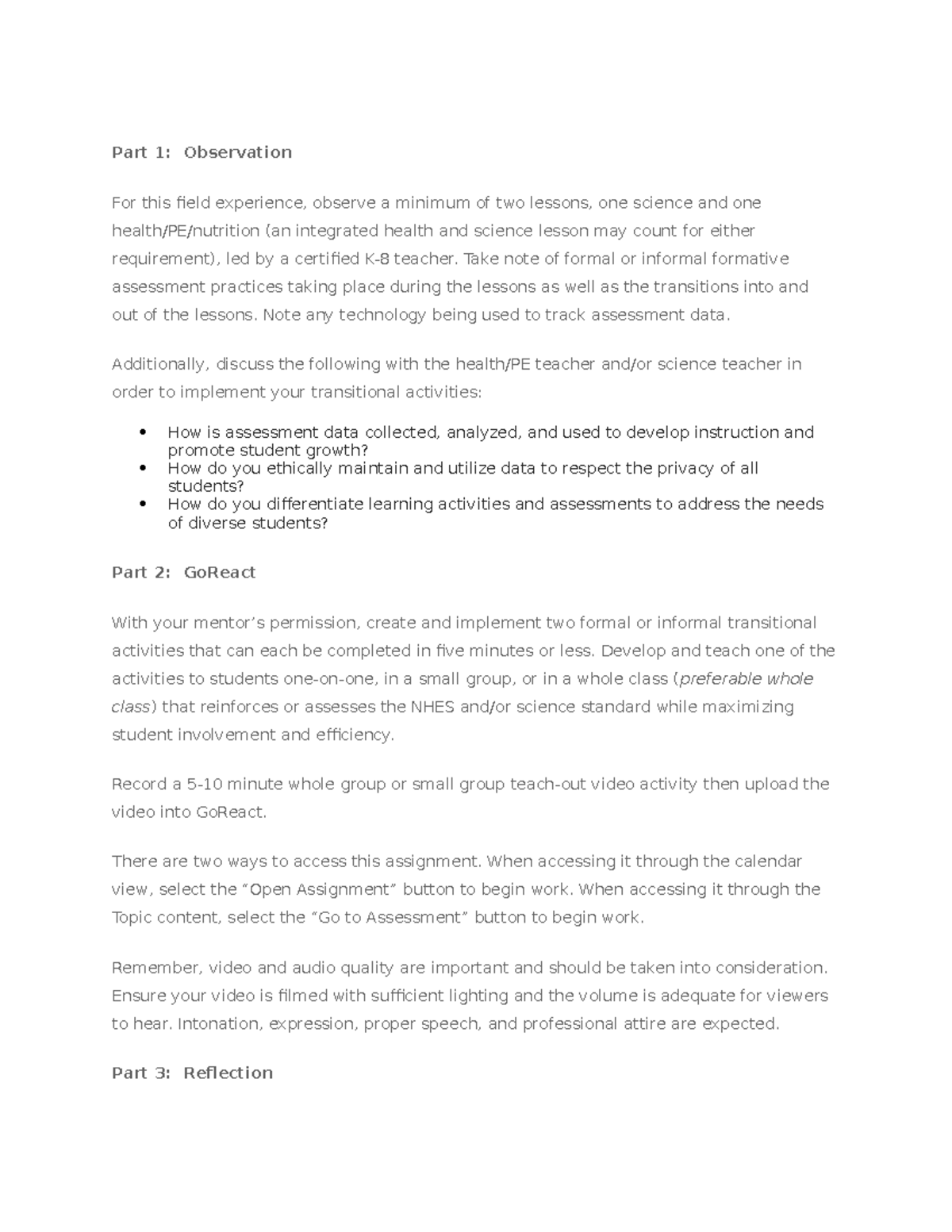 ELM-361 CFE Teach Out: Observational Lessons & GoReact Reflection - Studocu