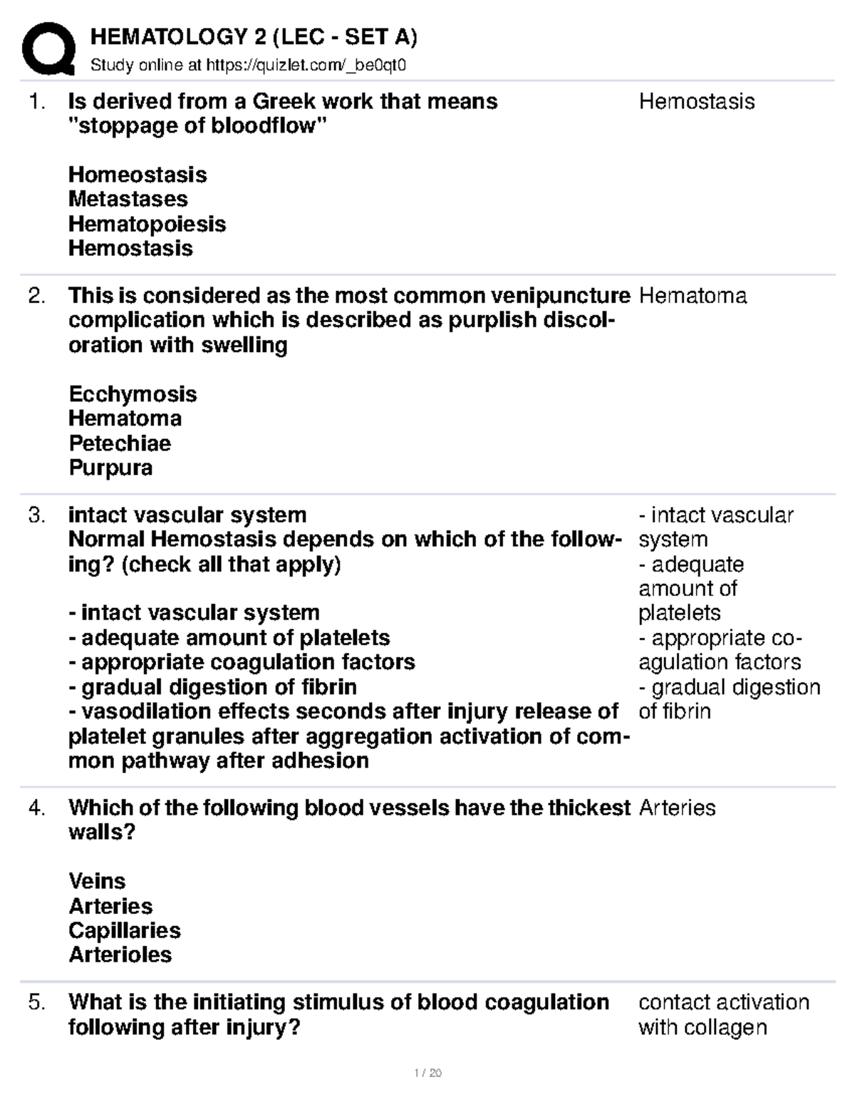 Hematology LEc 101 - Practice Questions and Study Guide - Studocu