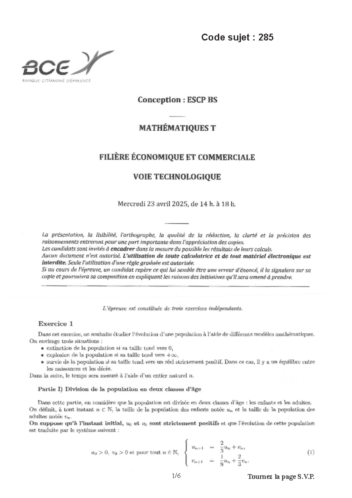 Sujet Maths ESCP ECT 2025 - Math concept - Code sujet : 285 1/6 Tournez ...