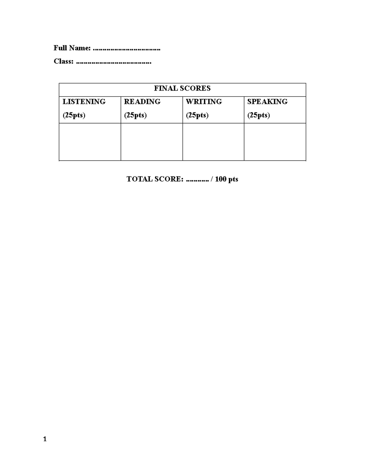 Test Movers 4-6: Final Scores for Listening, Reading, Writing, Speaking ...