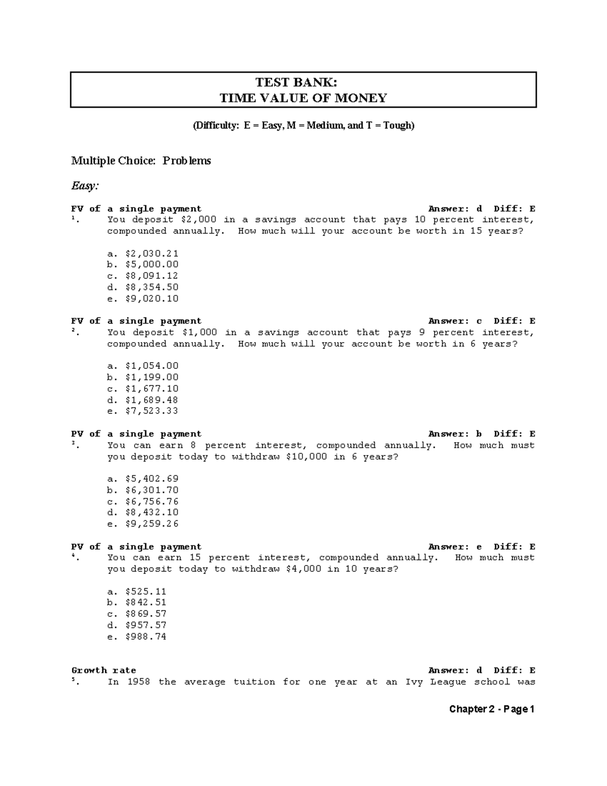 TEST BANK: TIME VALUE OF MONEY (FINANCE 101) Multiple Choice Questions ...