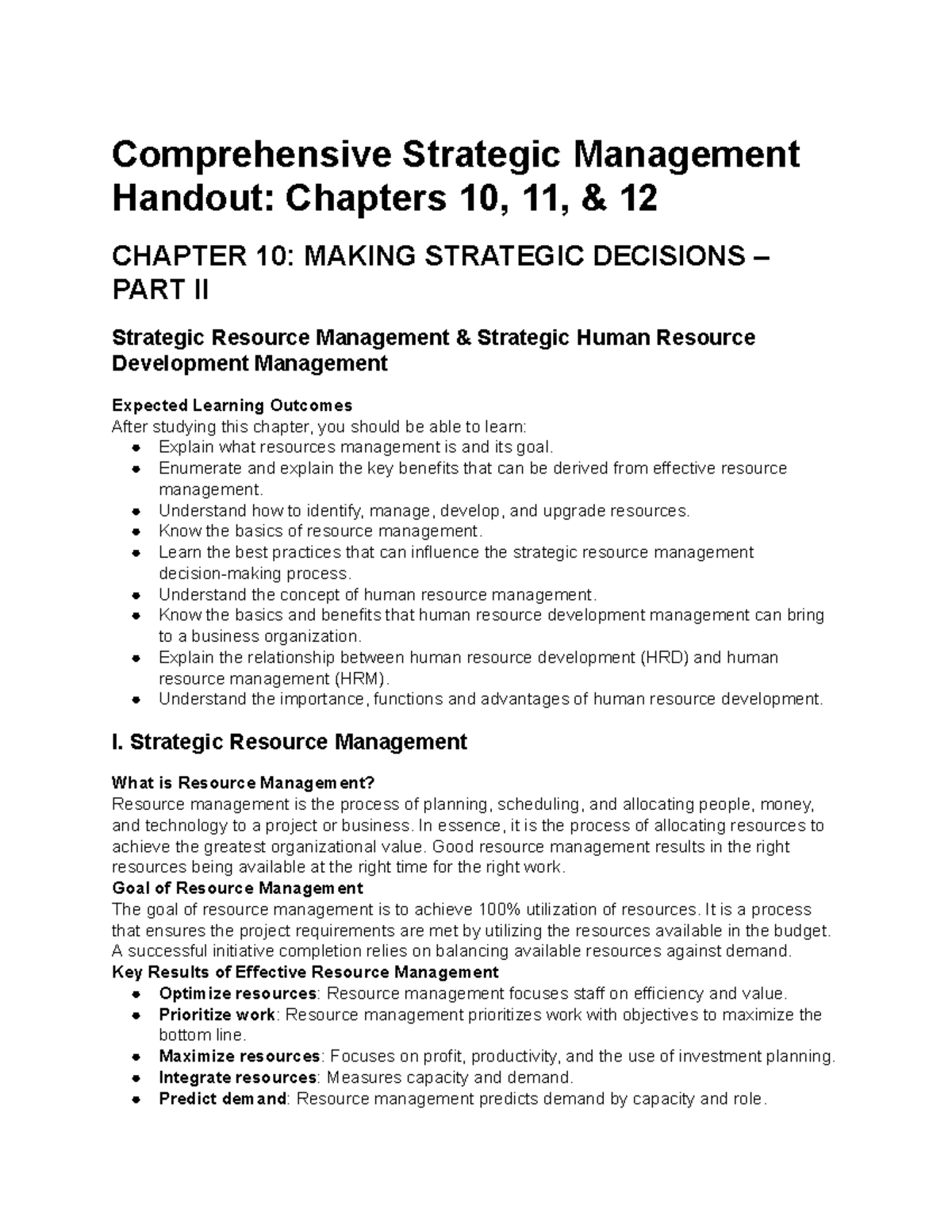 Comprehensive Strategic Management Handout: Chapters 10-12 Overview ...