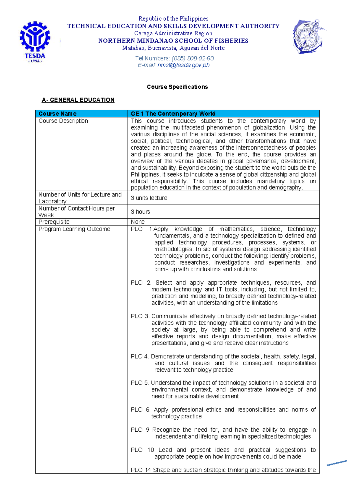 GE Course Specifications: Understanding Globalization, Communication ...