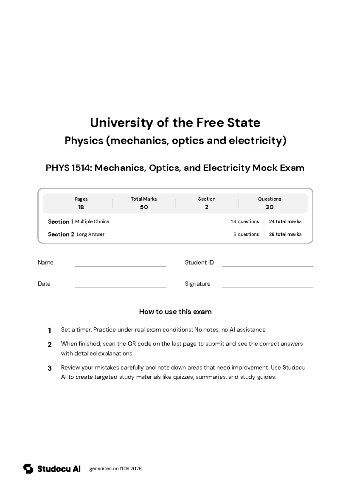 PHYS 1514 Mock Exam: Mechanics, Optics, and Electricity - Studocu