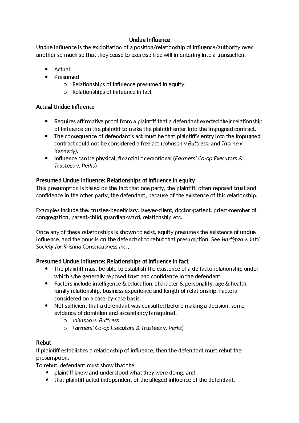 Undue Influence: Legal Principles and Case Law Outline - Studocu