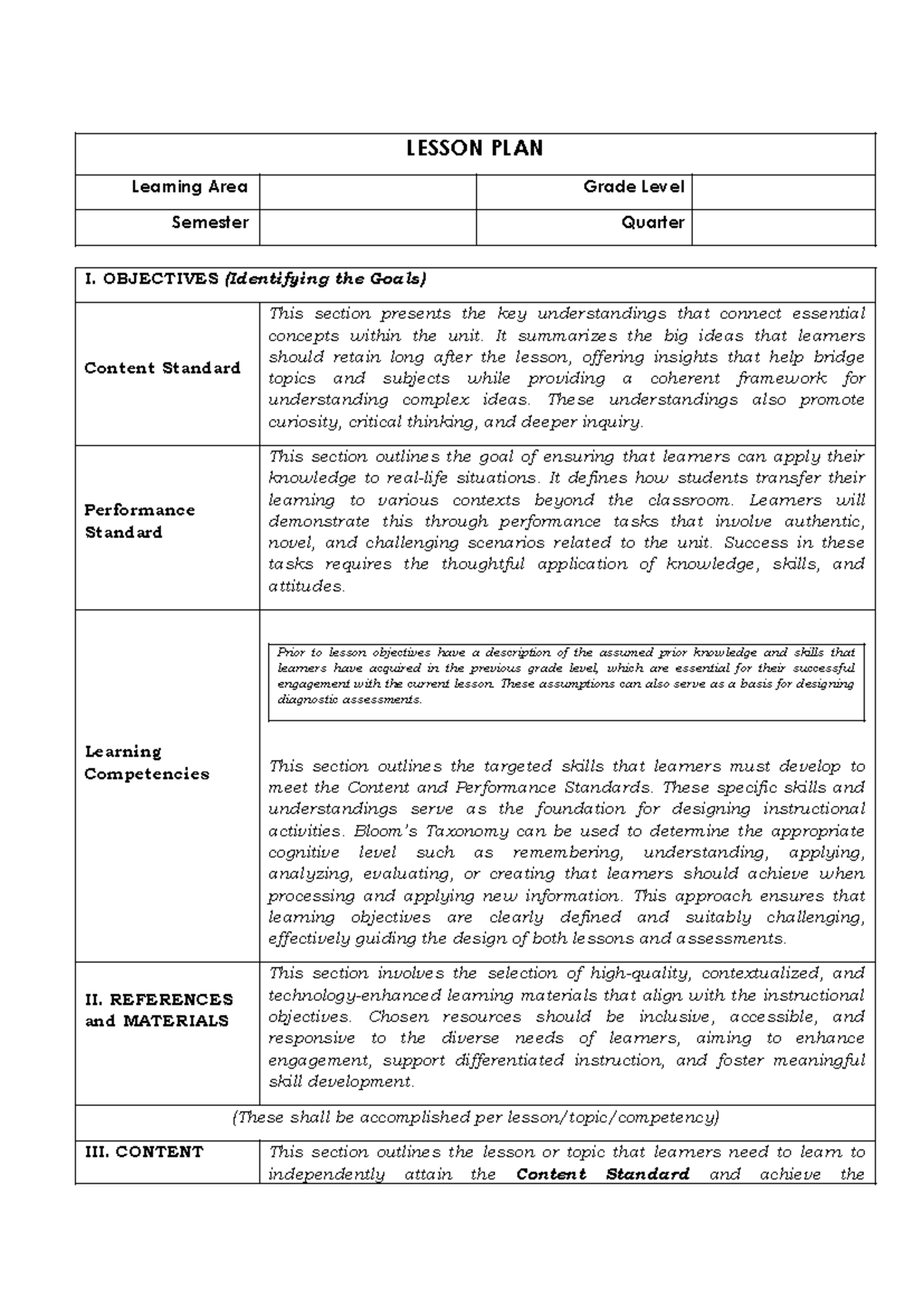 Lesson Plan Template for NEAP Training: Objectives & Procedures - Studocu