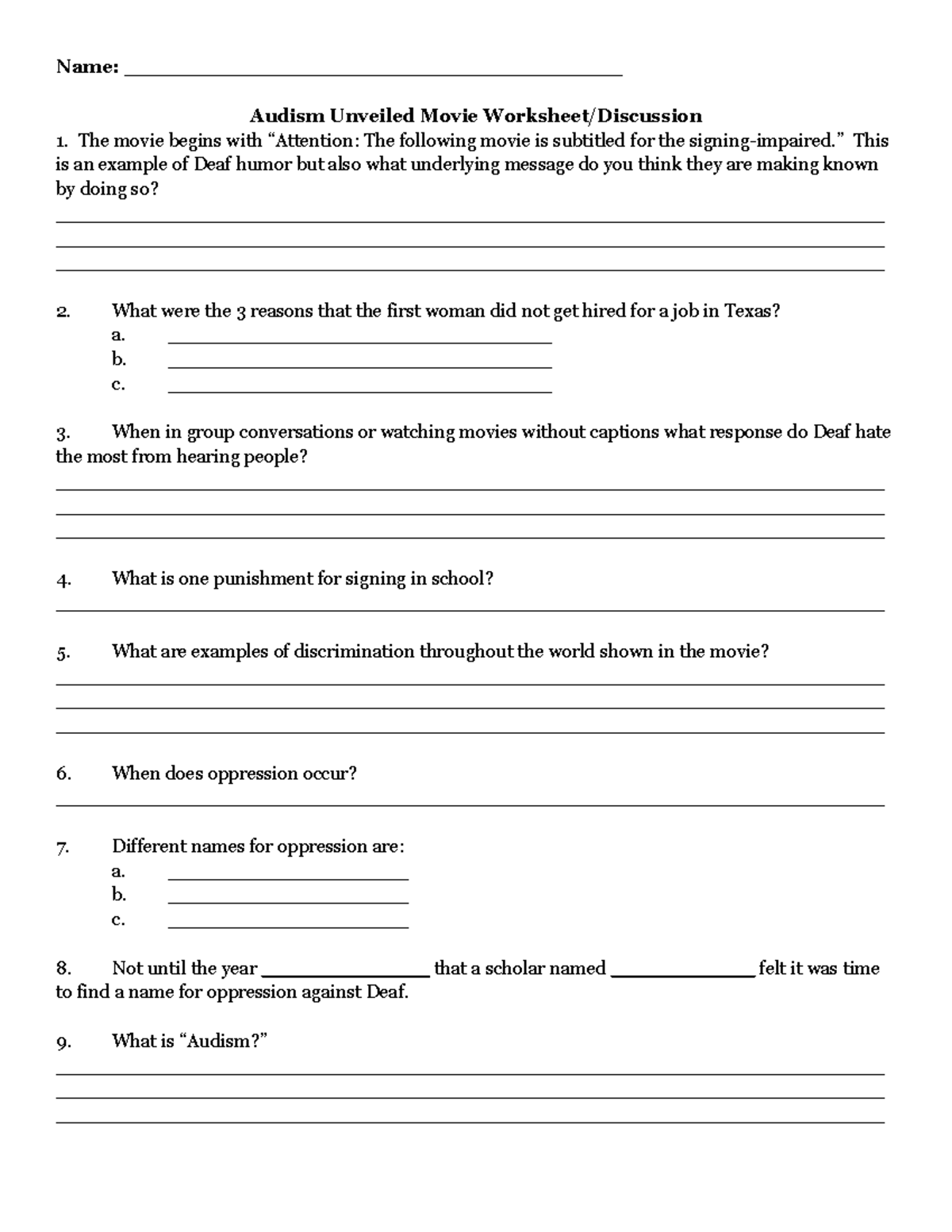 DEAF1500 Audism Unveiled - Movie Worksheet & Discussion Questions - Studocu