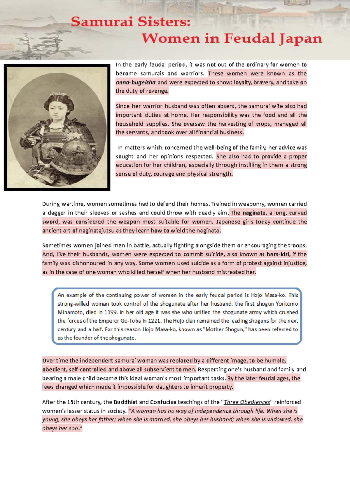 Samurai Women in Feudal Japan: Roles and Responsibilities - Studocu