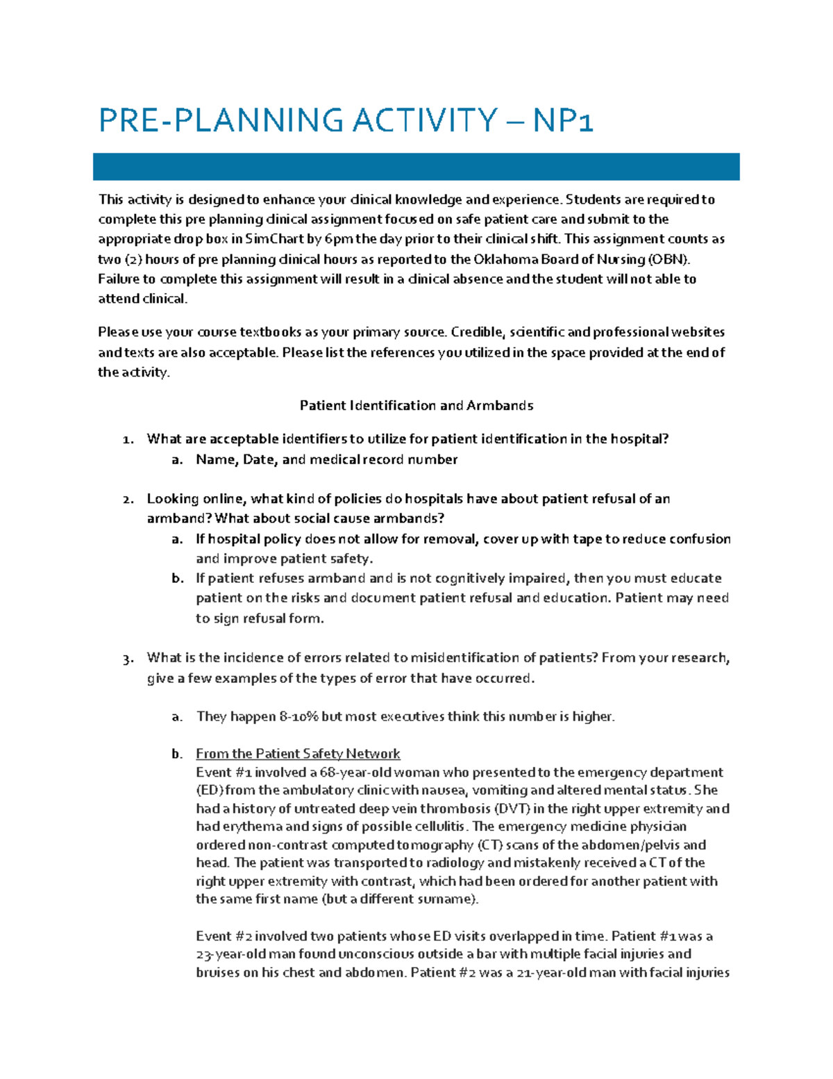 Pre-Planning Activity: NP1 Armbands & Patient Identification Guide ...