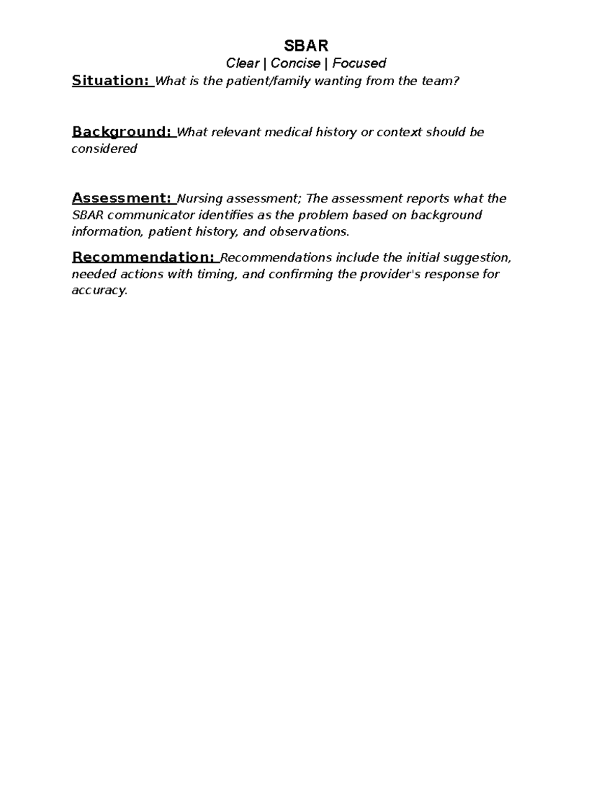 SBAR Template - education provided to project team members for ...