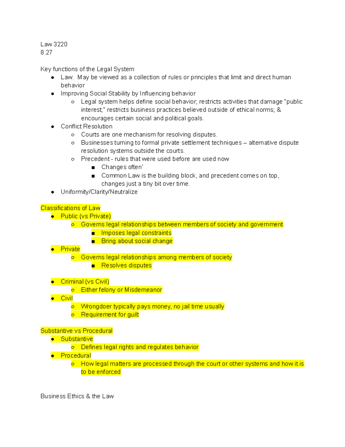 Law 3220 - Lecture notes all - Law 3220 8 Key functions of the Legal ...