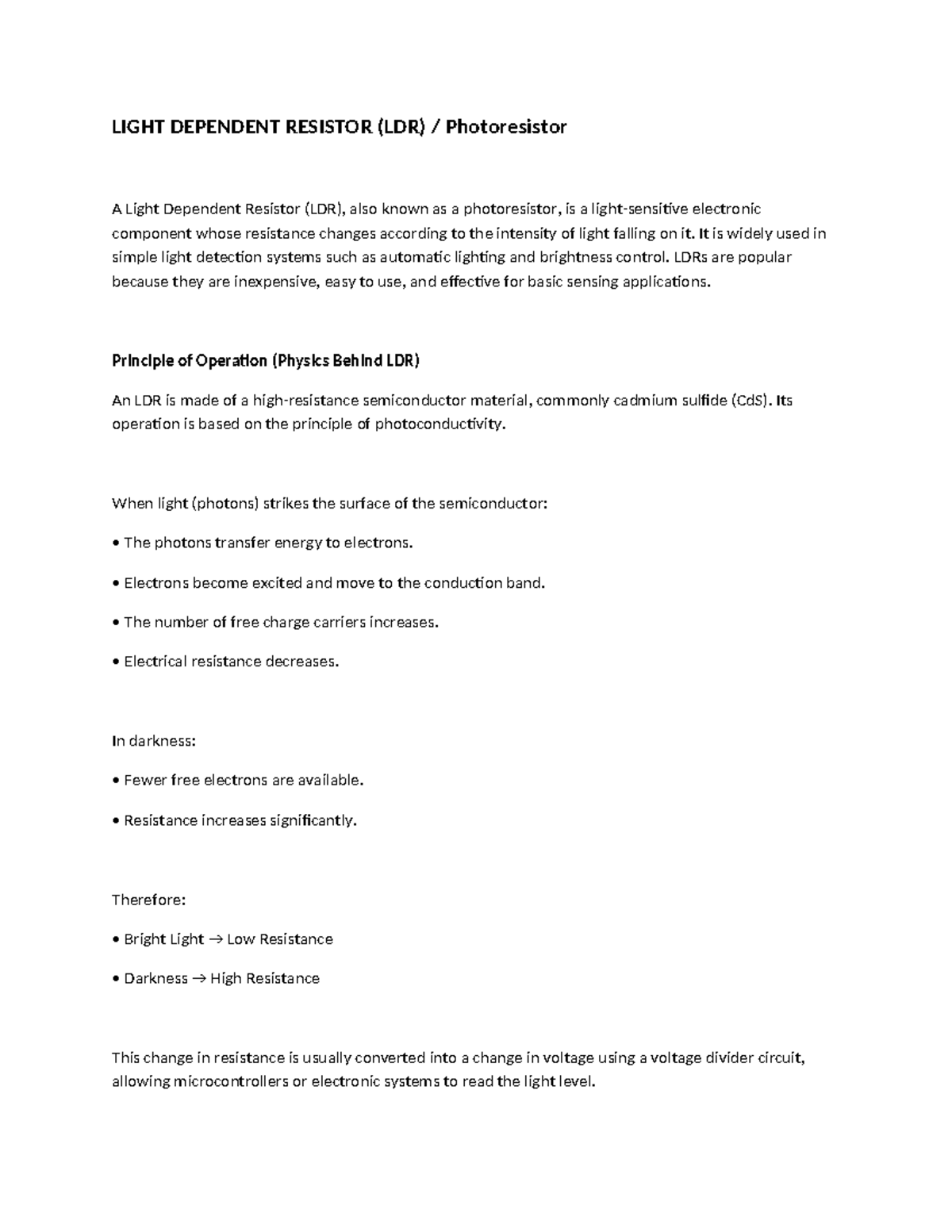 LDR (Light Dependent Resistor) Overview and Applications - Group-2 ...