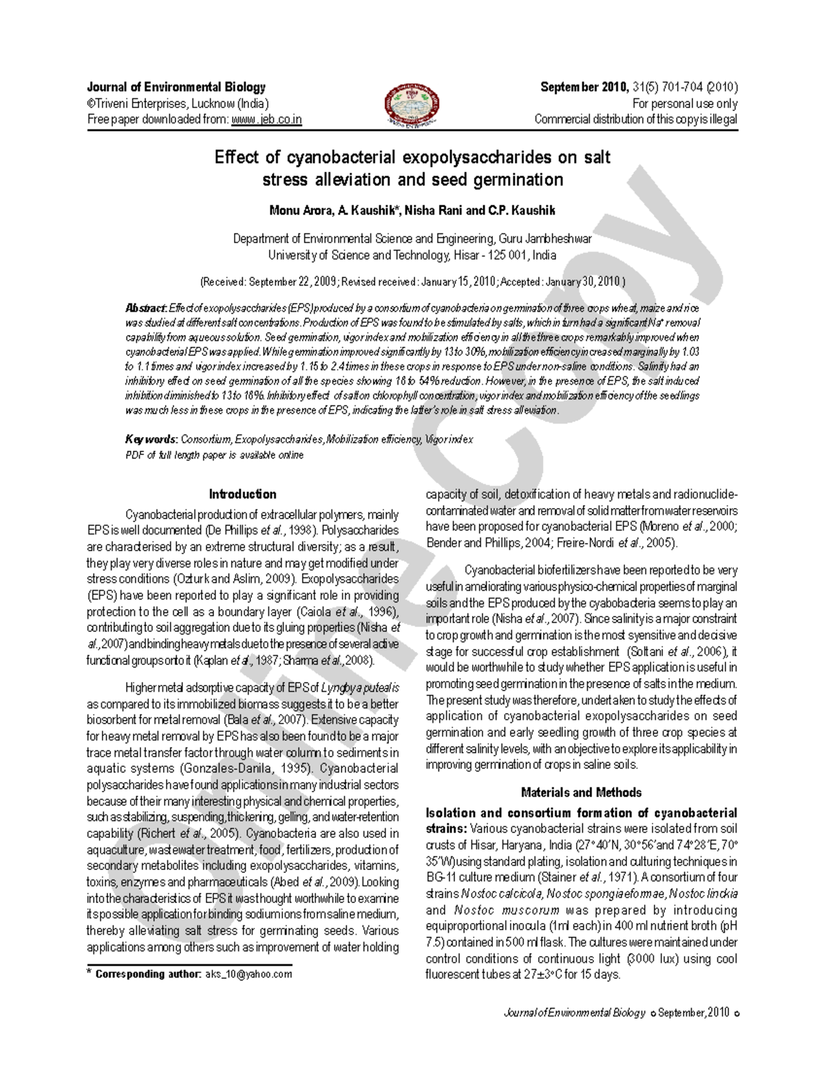 Effect of Cyanobacterial EPS on Salt Stress Alleviation in Crops - Studocu