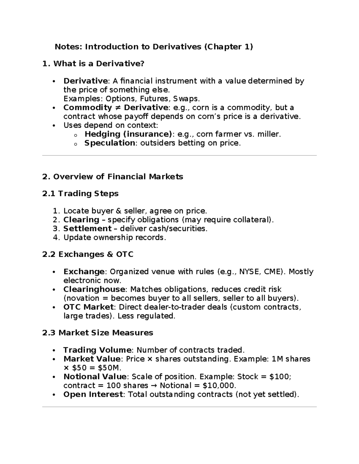 Math 165: Chapter 1 Summary on Derivatives and Financial Markets - Studocu