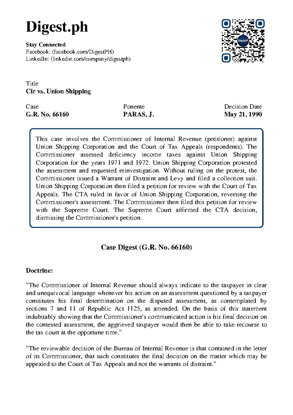 CIR vs. Union Shipping Case Digest (G.R. No. 66160) - 1990 Decision ...