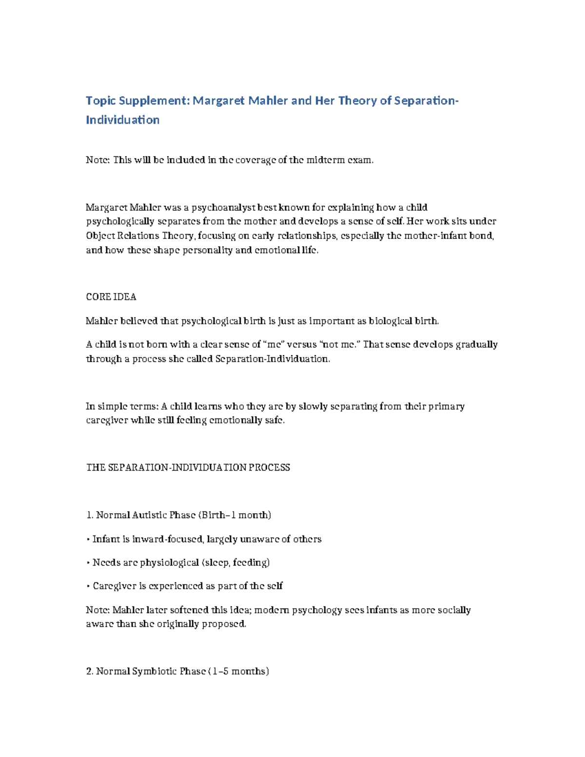 Midterm Exam Notes: Margaret Mahler's Separation-Individuation Theory ...