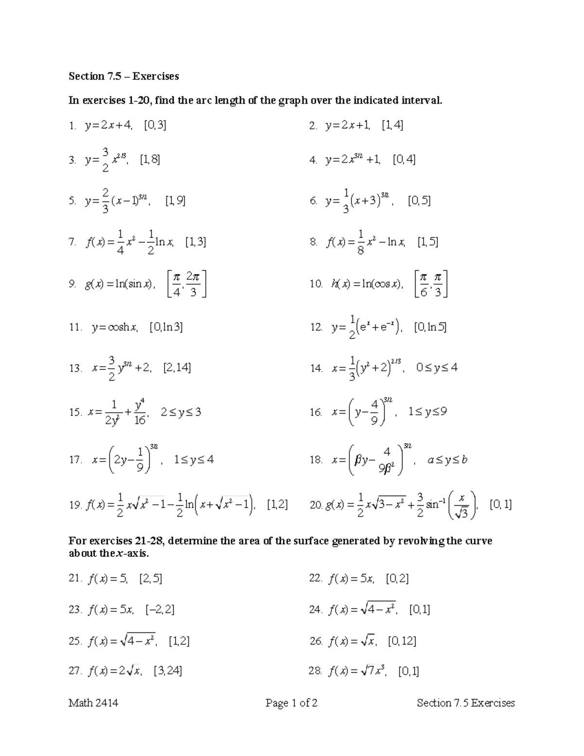 Math 2414 Section 7.5 Exercises: Arc Length & Surface Area - Studocu